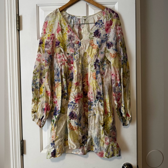 H&M | Dresses | Hm Watercolor Floral Balloonsleeve Mini Dress Xs | Poshmark